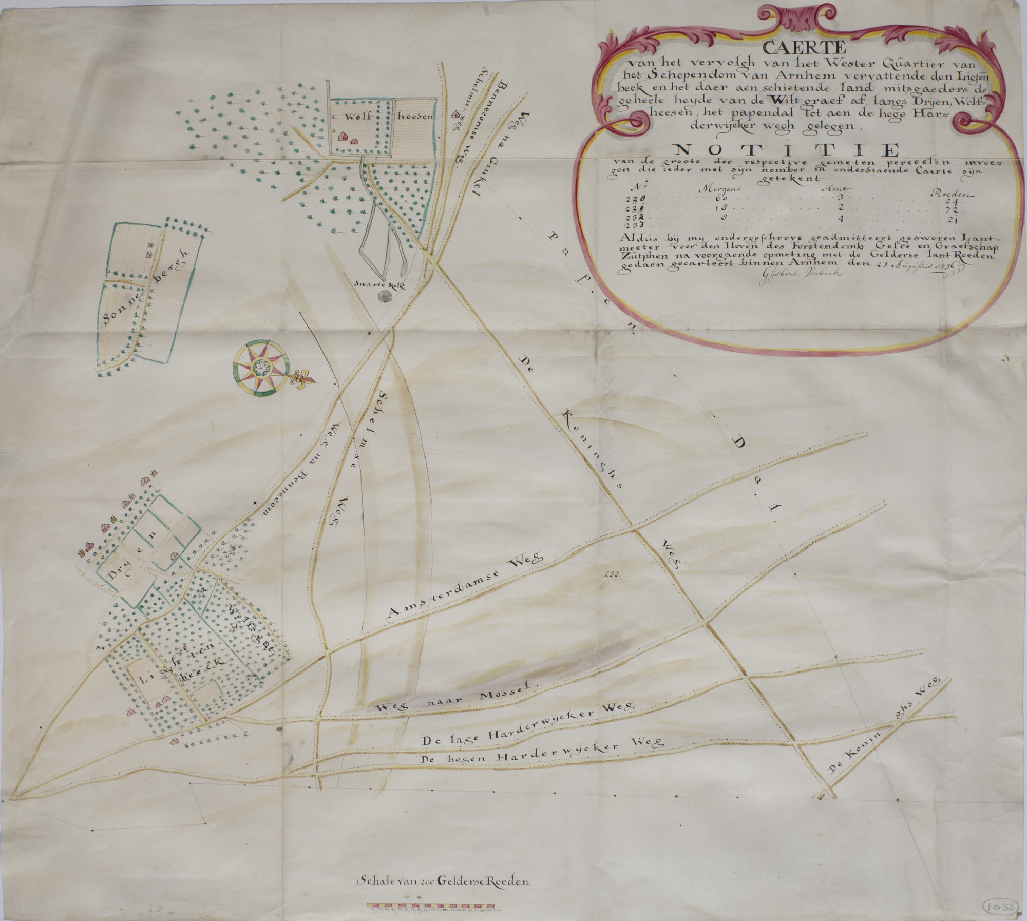 Serie kaarten van Arnhem uit 1736 - landschap lopen